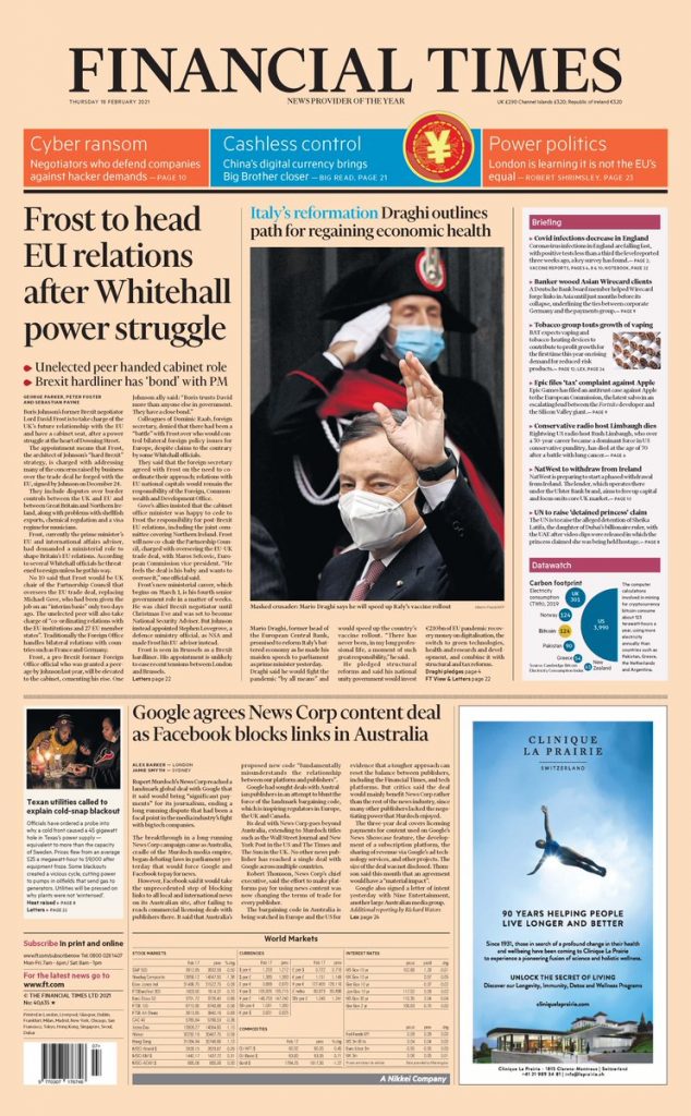 Financial Times Front Page 18th of February 2021 - Tomorrow's Papers Today!