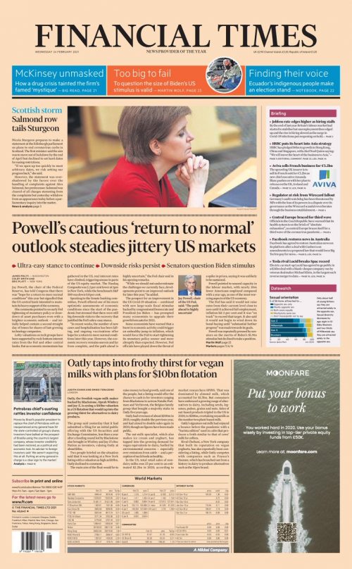 Financial Times Front Page 24th of February 2021 - Tomorrow's Papers Today!
