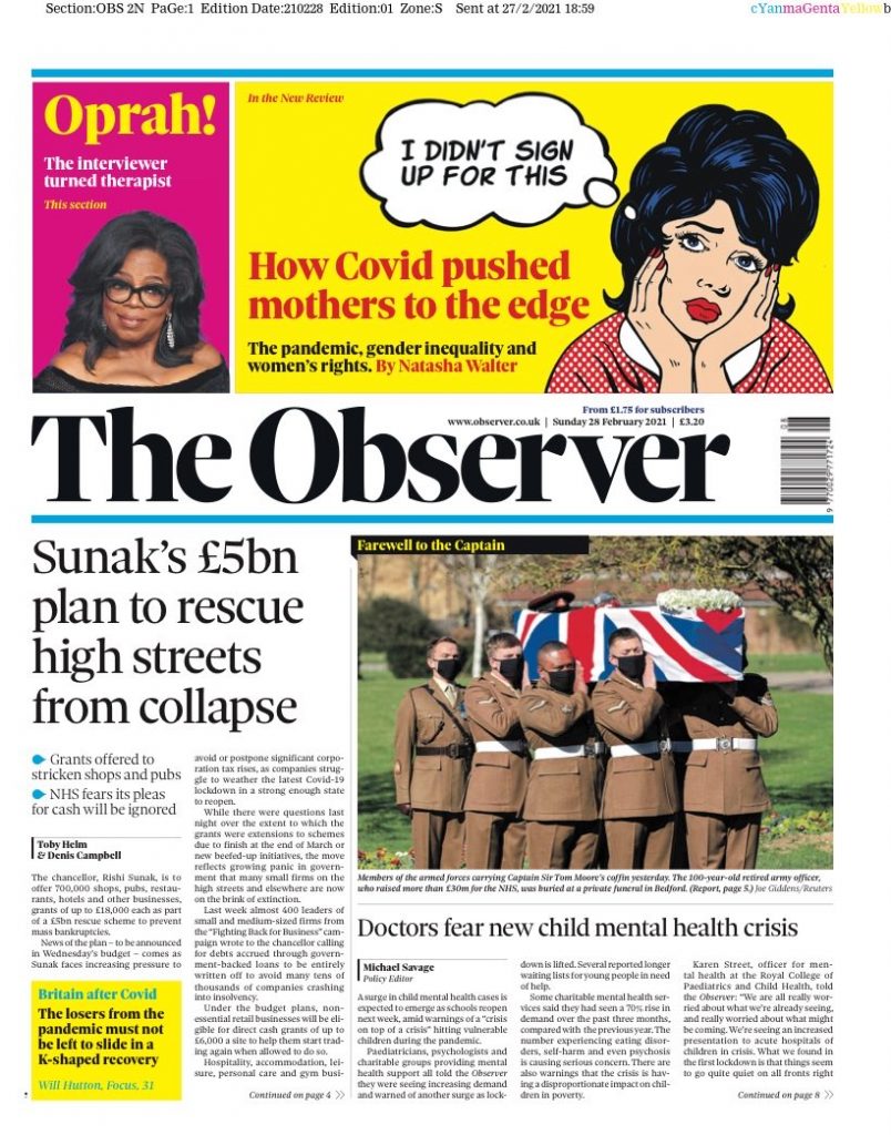 Observer Front Page 28th of February 2021 - Tomorrow's Papers Today!