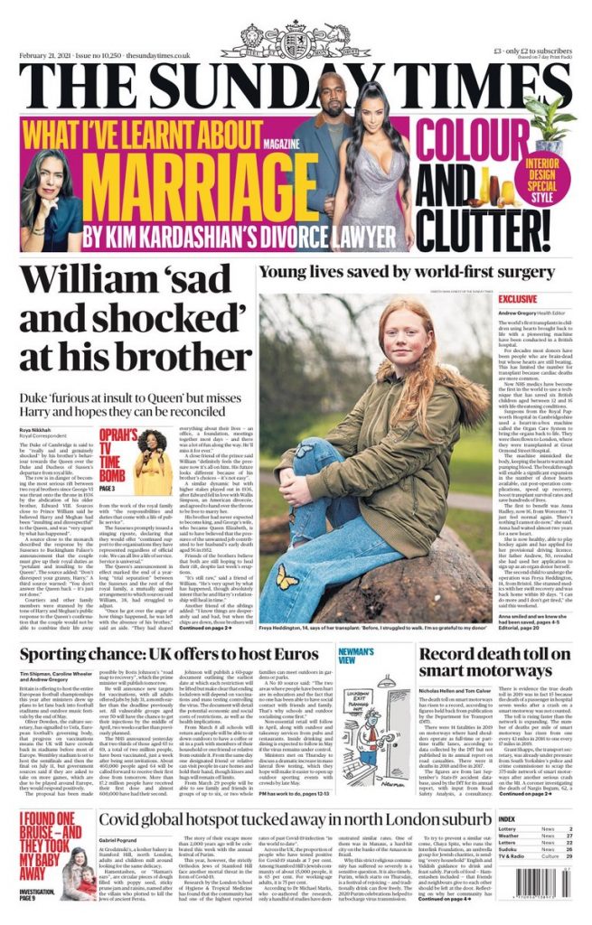 Sunday Times Front Page 21st of February 2021 - Tomorrow's Papers Today!