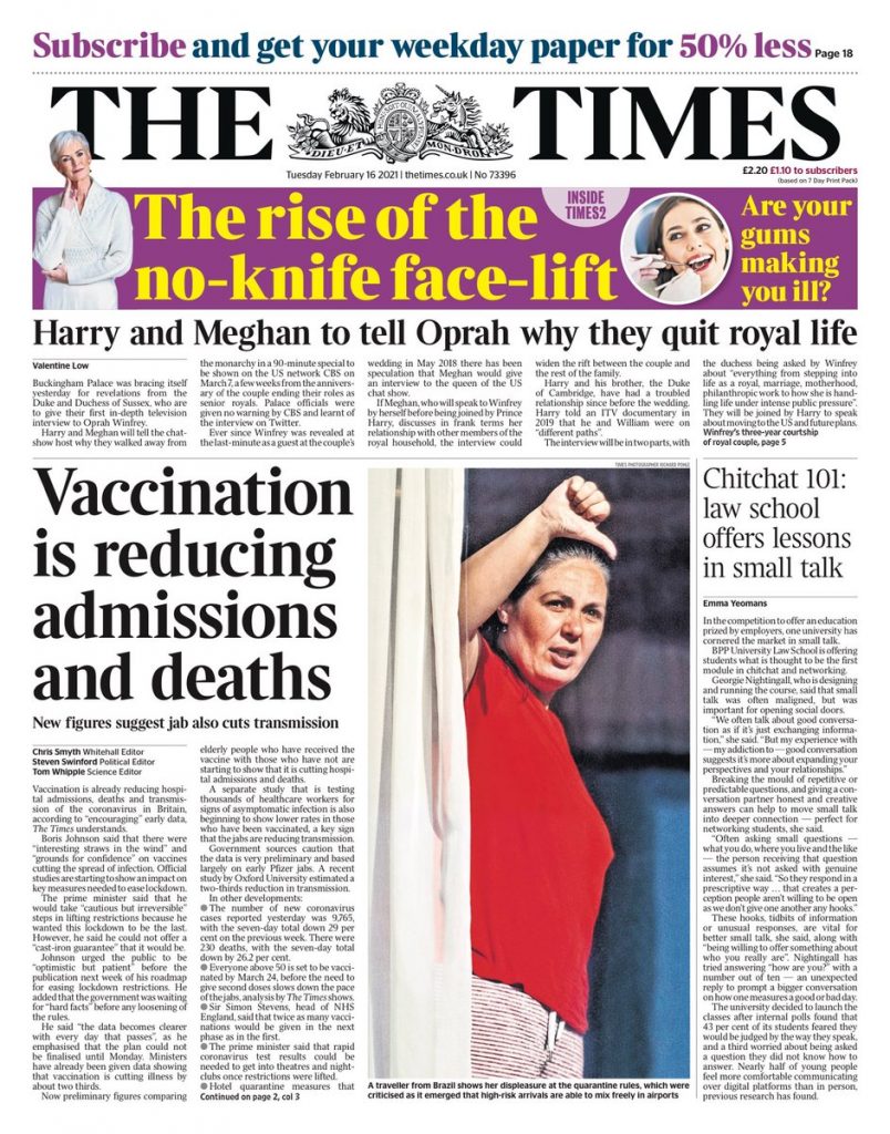 Times Front Page 16th of February 2021 - Tomorrow's Papers Today!