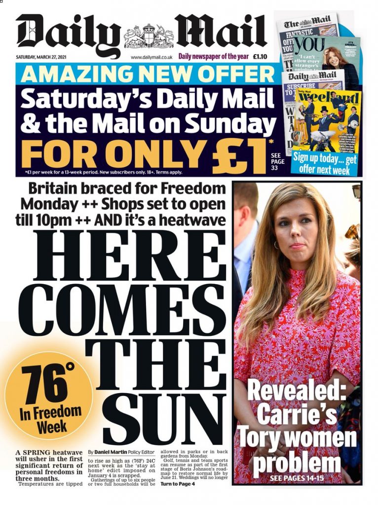 Daily Mail Front Page 27th of March 2021 - Tomorrow's Papers Today!