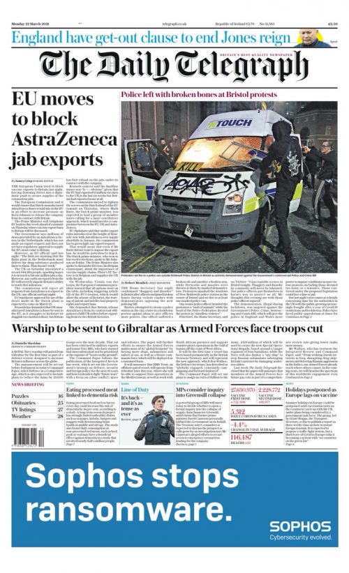 Daily Telegraph Front Page 22nd of March 2021 - Tomorrow's Papers Today!
