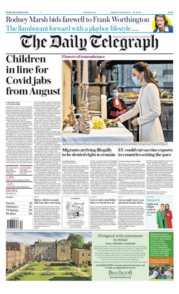 Daily Telegraph Front Page 24th of March 2021 - Tomorrow's Papers Today!