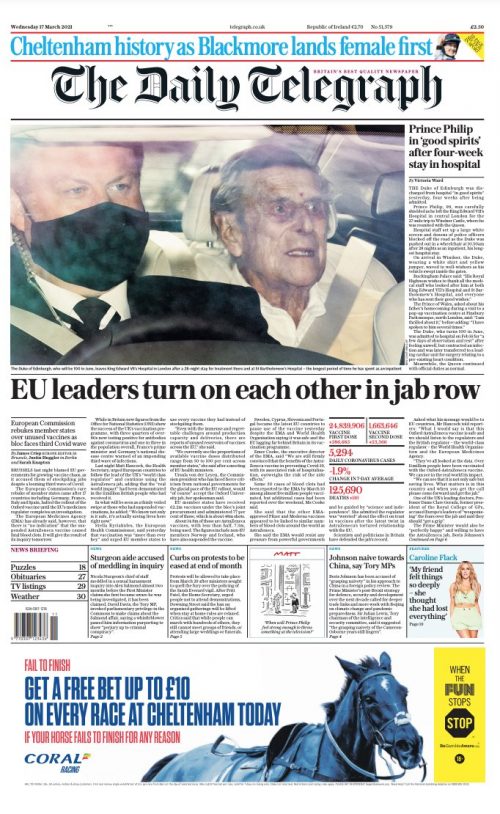 Daily Telegraph Front Page 17th of March 2021 - Tomorrow's Papers Today!