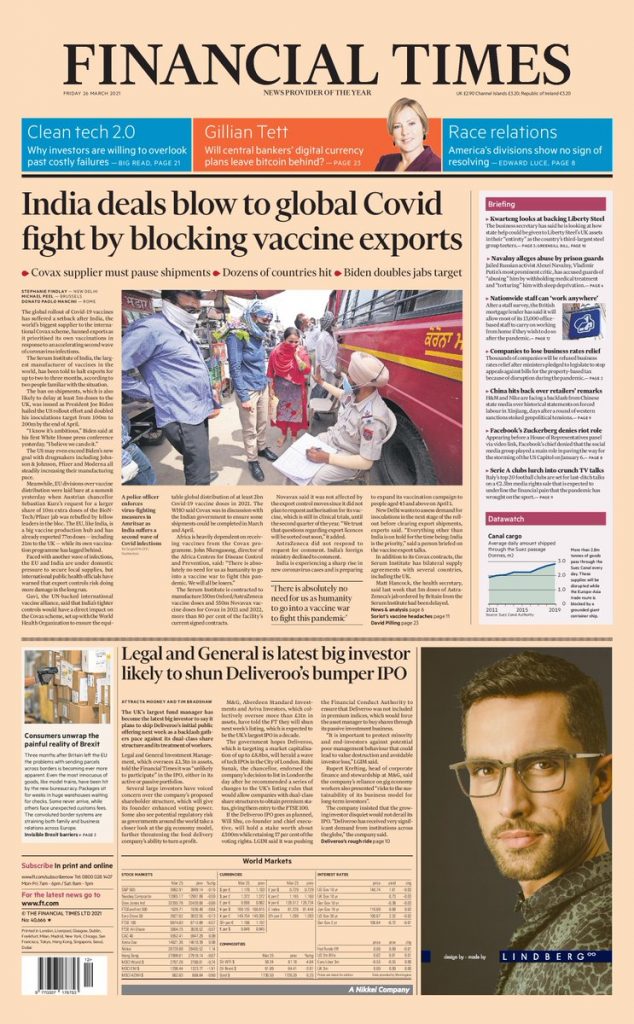 Financial Times Front Page 26th of March 2021 - Tomorrow's Papers Today!