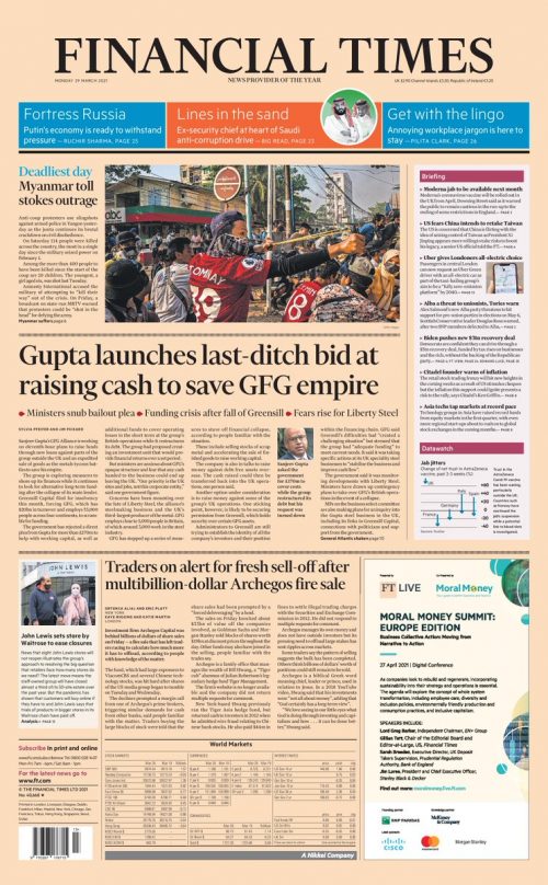 Financial Times Front Page 29th of March 2021 - Tomorrow's Papers Today!