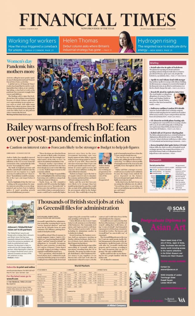 Financial Times Front Page 9th of March 2021 - Tomorrow's Papers Today!
