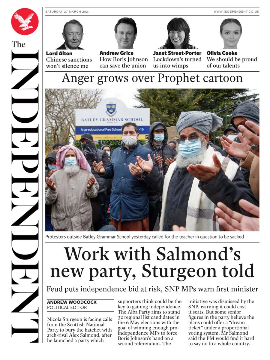 Independent Front Page 27th of March 2021 - Tomorrow's Papers Today!