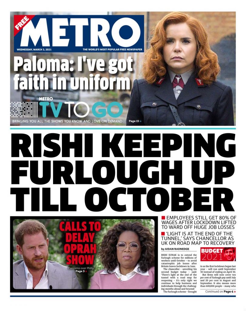 Metro Front Page 3rd of March 2021 - Tomorrow's Papers Today!