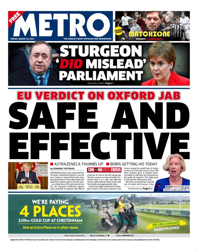 Metro Front Page 19th of March 2021 - Tomorrow's Papers Today!