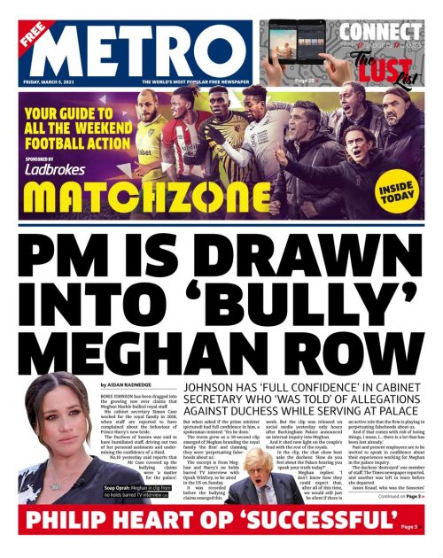 Metro Front Page 5th of March 2021 - Tomorrow's Papers Today!