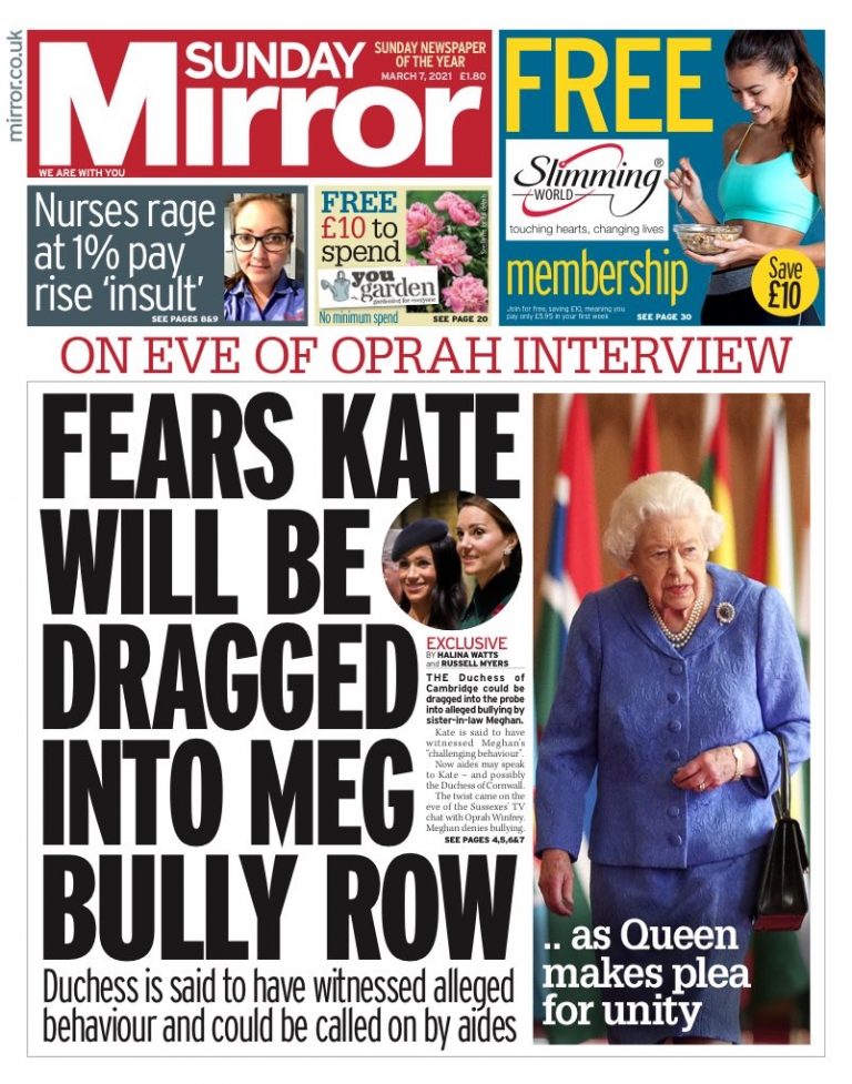 Sunday Mirror Front Page 7th of March 2021 - Tomorrow's Papers Today!