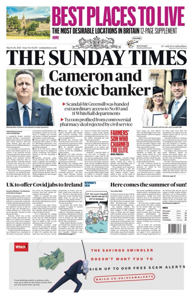 Sunday Times Front Page 28th of March 2021 - Tomorrow's Papers Today!