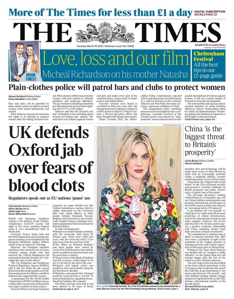 Times Front Page 16th of March 2021 - Tomorrow's Papers Today!