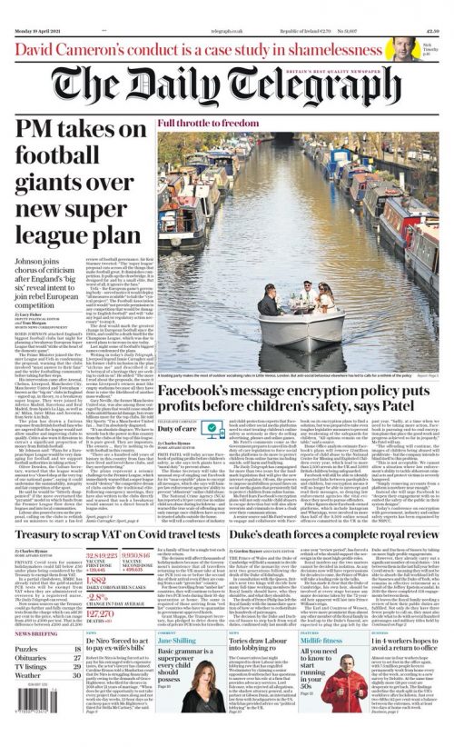Daily Telegraph Front Page 19th of April 2021 - Tomorrow's Papers Today!