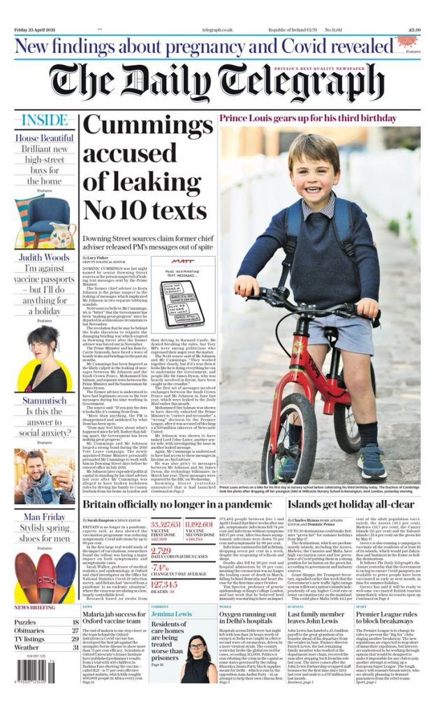 Daily Telegraph Front Page 23rd of April 2021 - Tomorrow's Papers Today!