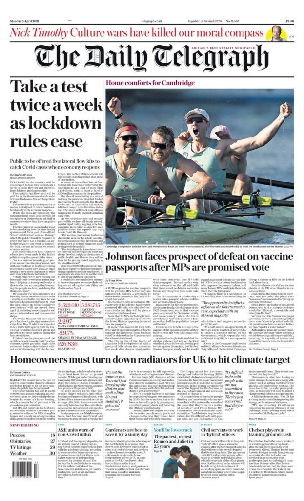 Daily Telegraph Front Page 5th of April 2021 - Tomorrow's Papers Today!
