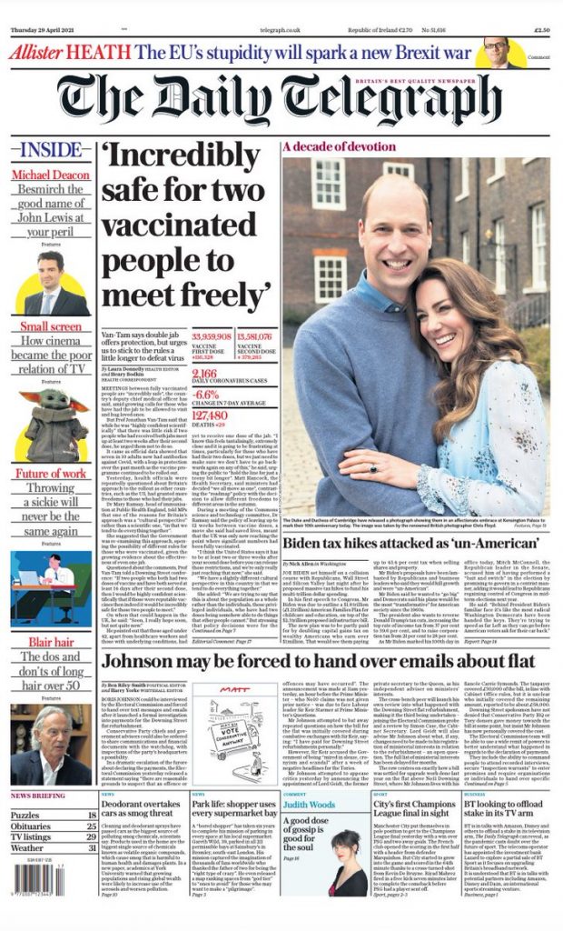 Daily Telegraph Front Page 29th of April 2021 - Tomorrow's Papers Today!