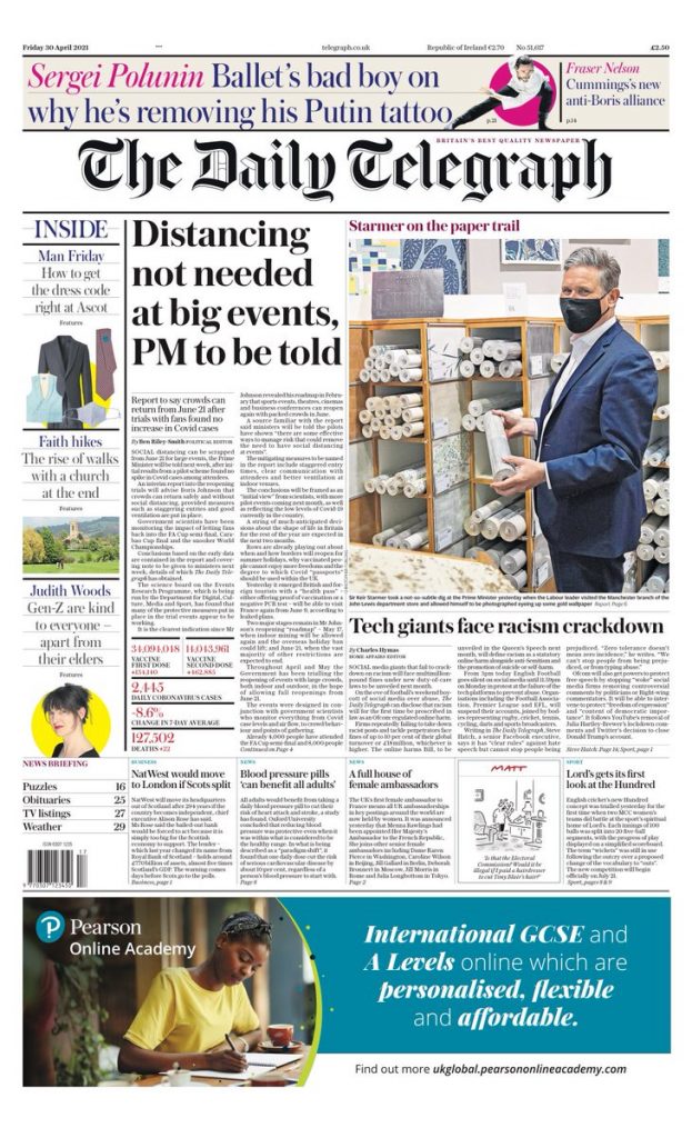 Daily Telegraph Front Page 30th of April 2021 - Tomorrow's Papers Today!