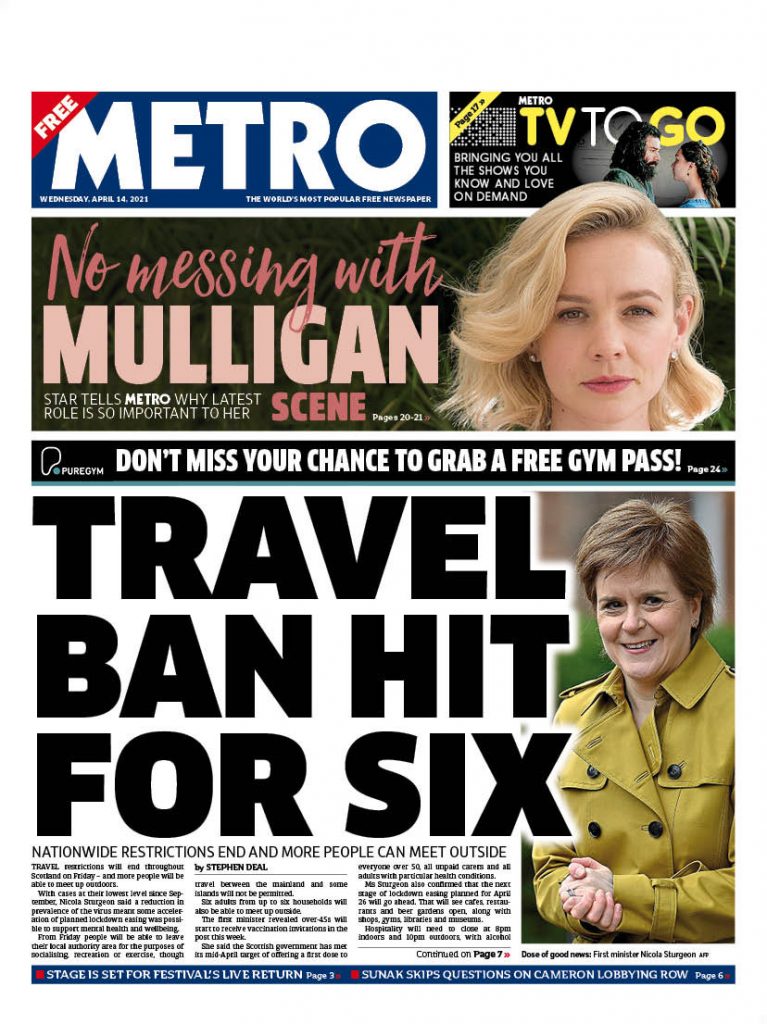 Metro Front Page 14th of April 2021 - Tomorrow's Papers Today!