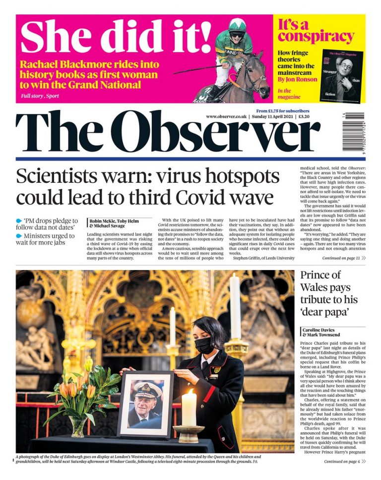 Observer Front Page 14th of March 2021 - Tomorrow's Papers Today!