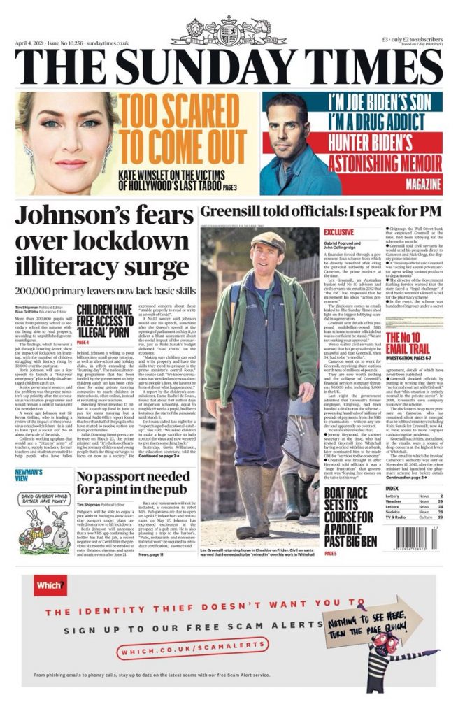Sunday Times Front Page 4th of April 2021 - Tomorrow's Papers Today!