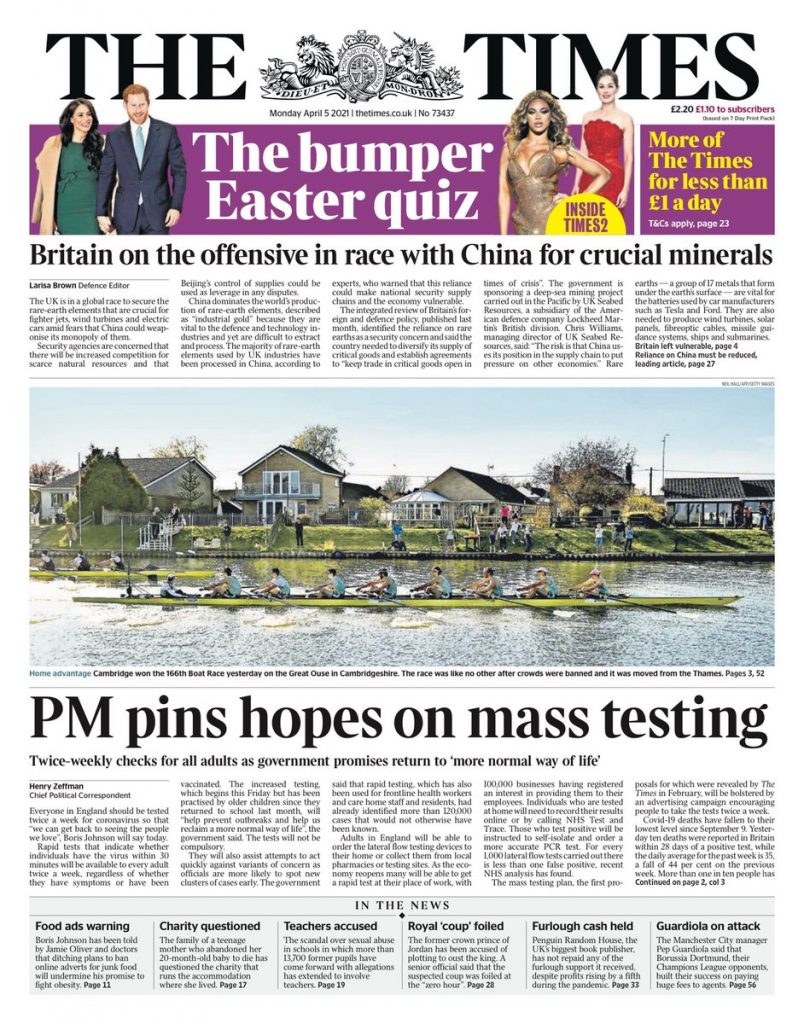 Times Front Page 5th of April 2021 - Tomorrow's Papers Today!