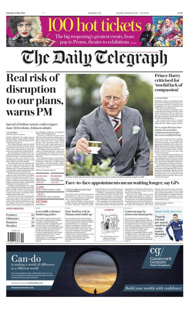 Daily Telegraph Front Page 15th of May 2021 - Tomorrow's Papers Today!