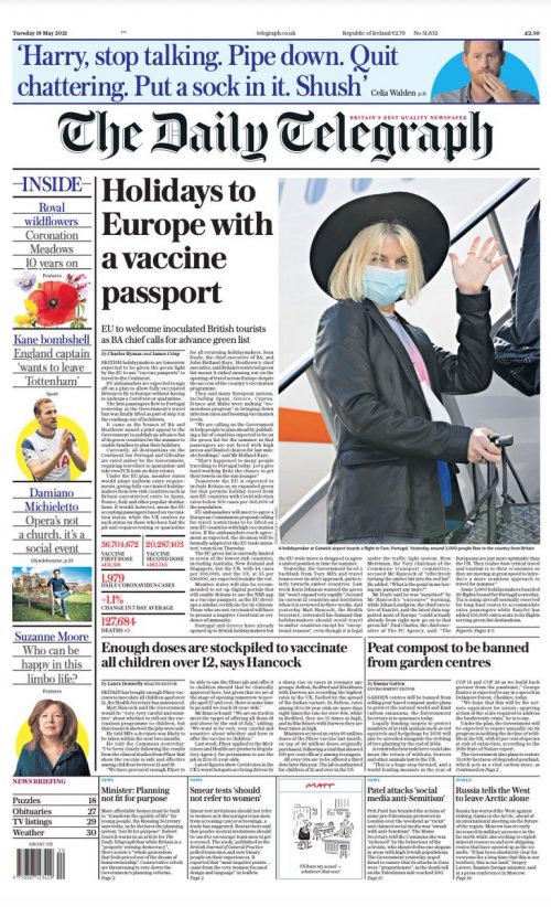 Daily Telegraph Front Page 18th of May 2021 - Tomorrow's Papers Today!