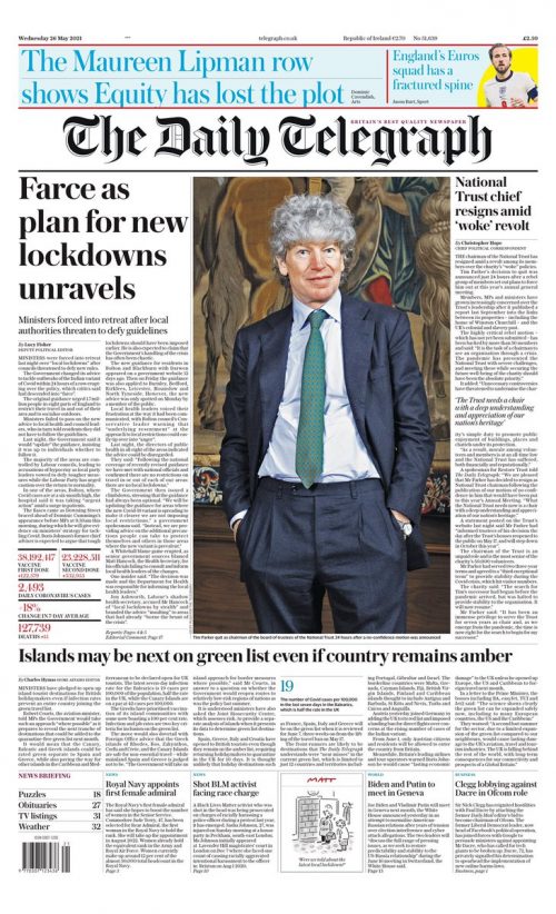Daily Telegraph Front Page 26th of May 2021 - Tomorrow's Papers Today!