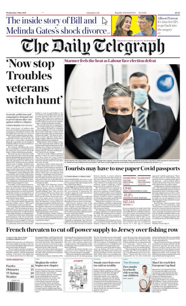 Daily Telegraph Front Page 5th of May 2021 - Tomorrow's Papers Today!
