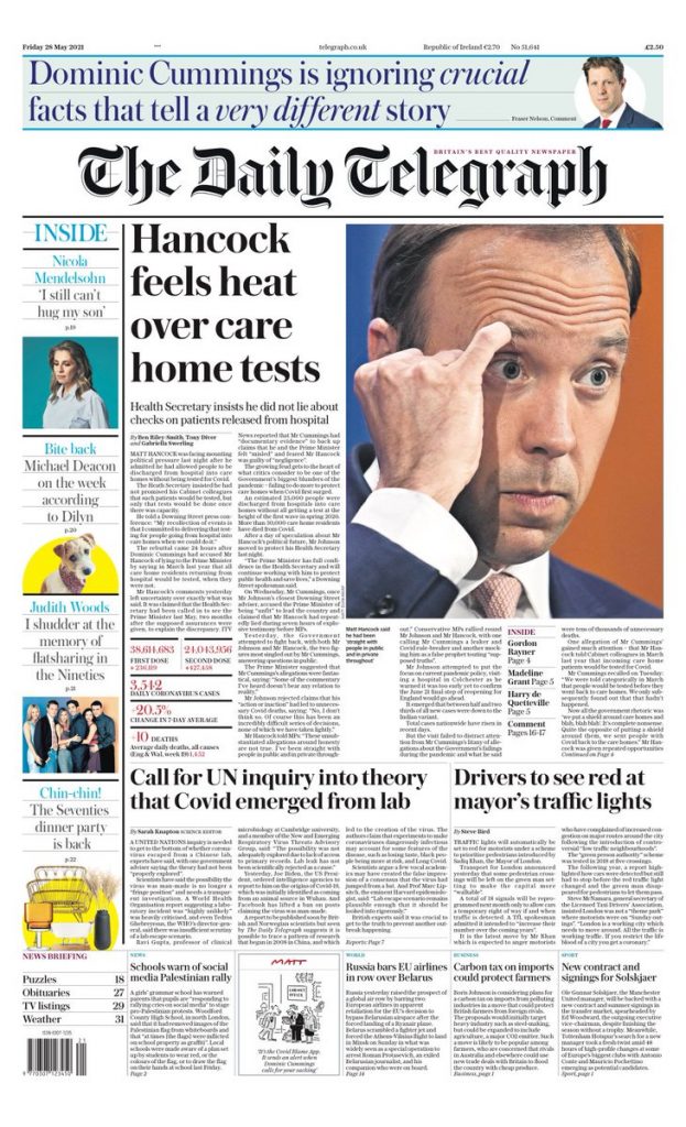 Daily Telegraph Front Page 28th of May 2021 - Tomorrow's Papers Today!