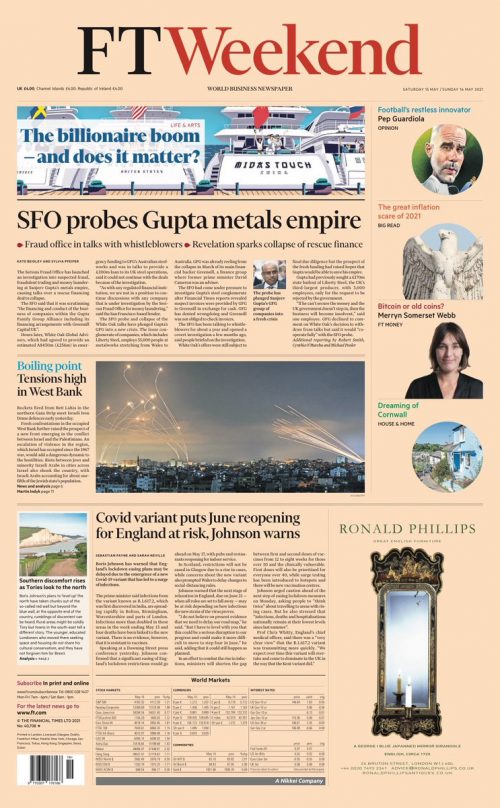 Financial Times Front Page 15th of May 2021 - Tomorrow's Papers Today!