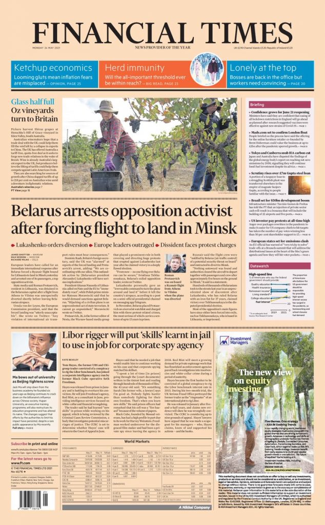 Financial Times Front Page 24th of May 2021 - Tomorrow's Papers Today!