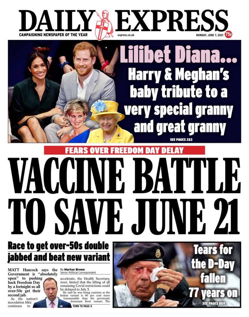 Daily Express Front Page 7th of June 2021 - Tomorrow's Papers Today!
