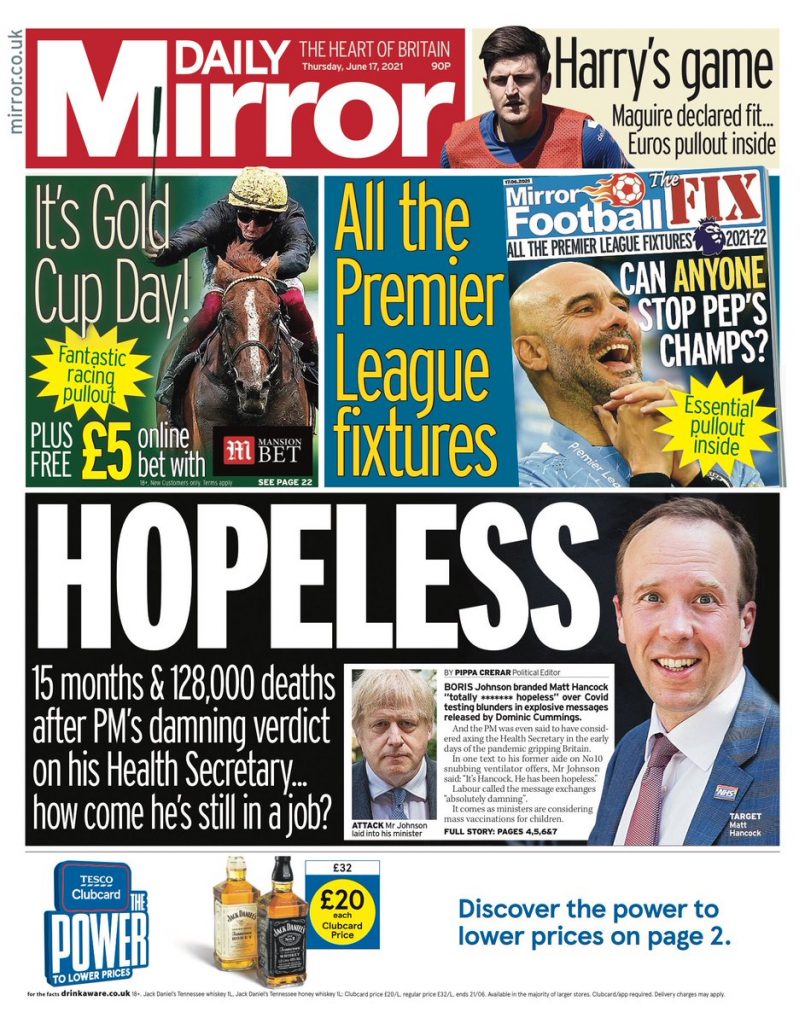 Daily Mirror Front Page 17th of June 2021 - Tomorrow's Papers Today!