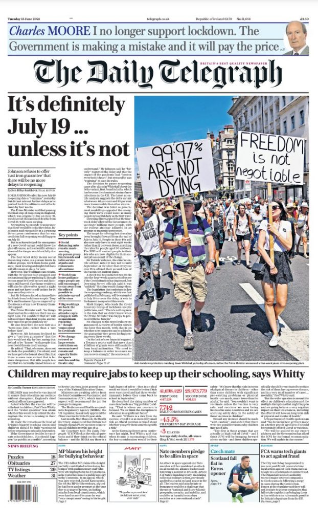 Daily Telegraph Front Page 15th of June 2021 - Tomorrow's Papers Today!