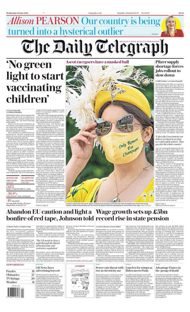 Daily Telegraph Front Page 16th of June 2021 - Tomorrow's Papers Today!