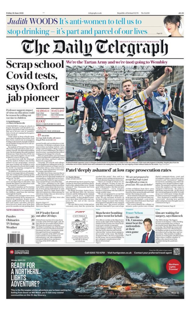 Daily Telegraph Front Page 18th of June 2021 - Tomorrow's Papers Today!