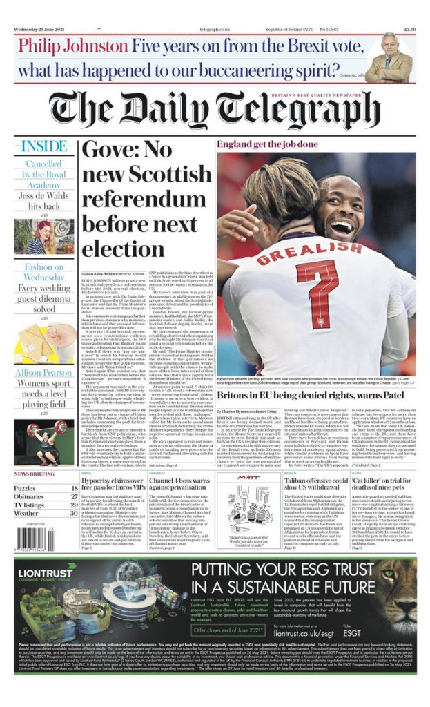 Daily Telegraph Front Page 23rd of June 2021 - Tomorrow's Papers Today!