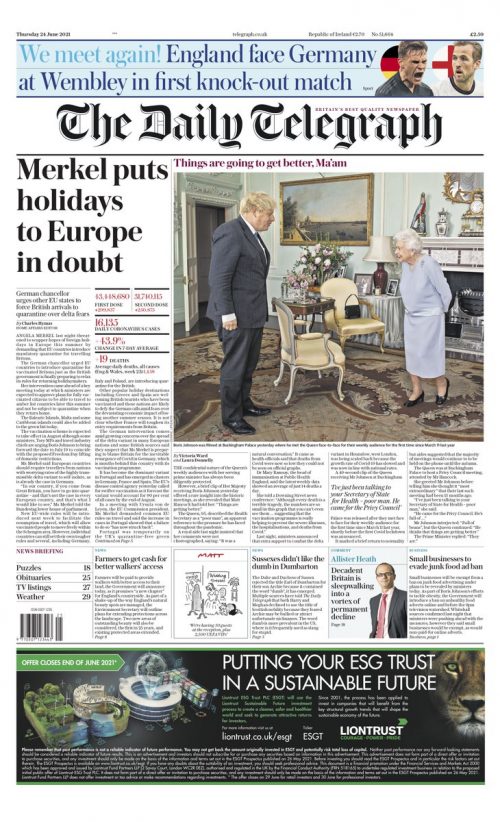 Daily Telegraph Front Page 24th of June 2021 - Tomorrow's Papers Today!