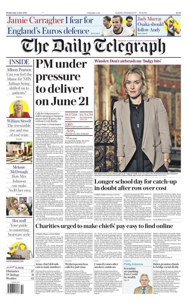 Daily Telegraph Front Page 2nd of June 2021 - Tomorrow's Papers Today!