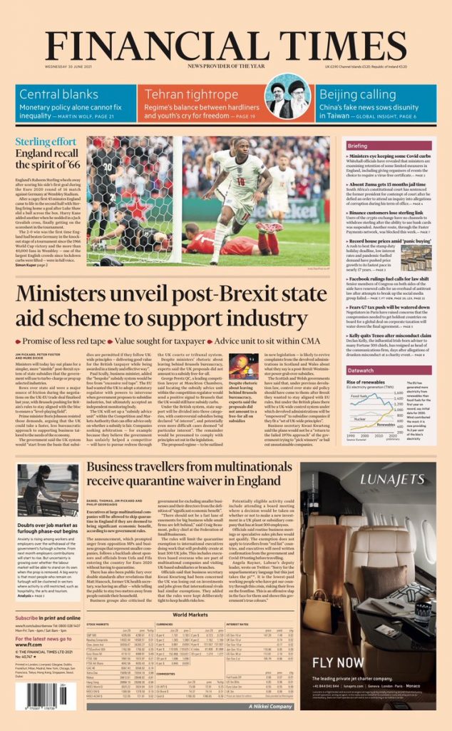 Financial Times Front Page 30th of June 2021 - Tomorrow's Papers Today!