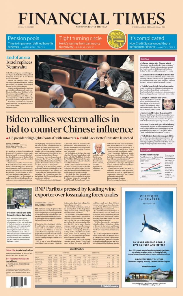 Financial Times Front Page 14th of June 2021 - Tomorrow's Papers Today!