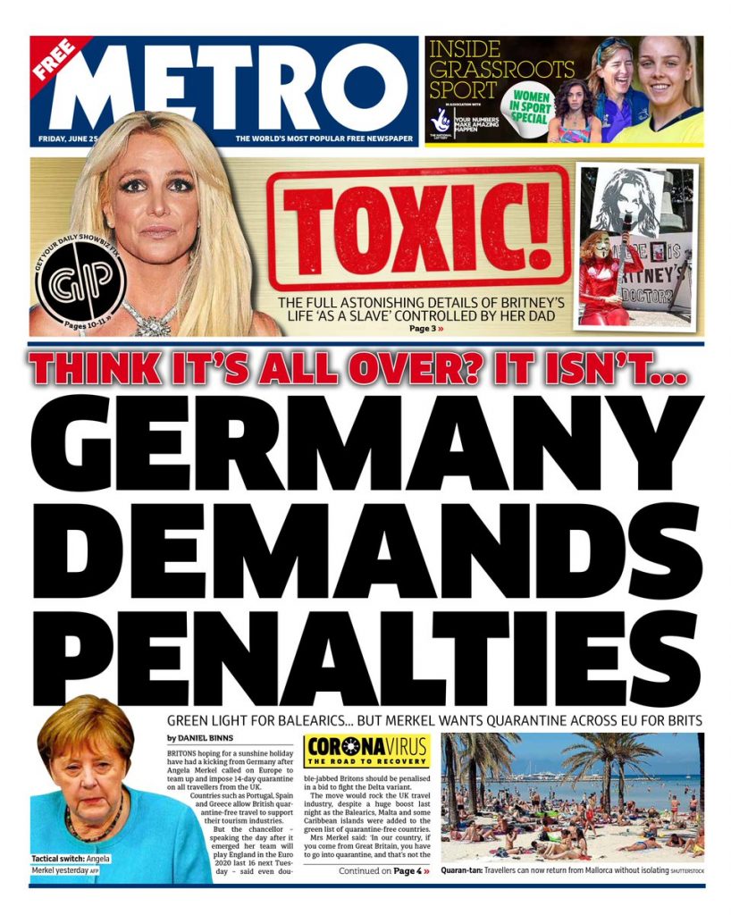 Metro Front Page 25th of June 2021 - Tomorrow's Papers Today!