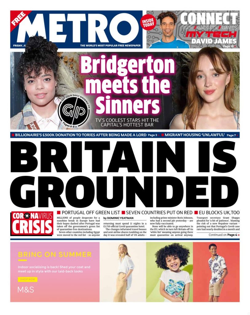 Metro Front Page 4th of June 2021 - Tomorrow's Papers Today!