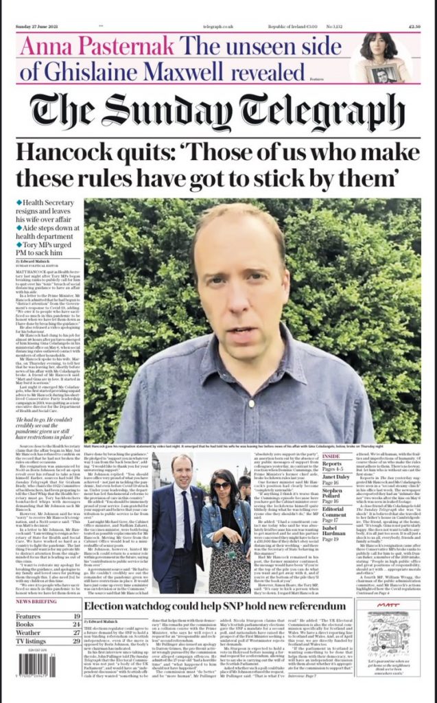 Sunday Telegraph Front Page 27th of June 2021 - Tomorrow's Papers Today!