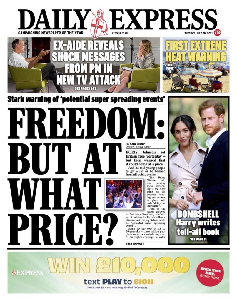 Daily Express Front Page 20th of July 2021 - Tomorrow's Papers Today!