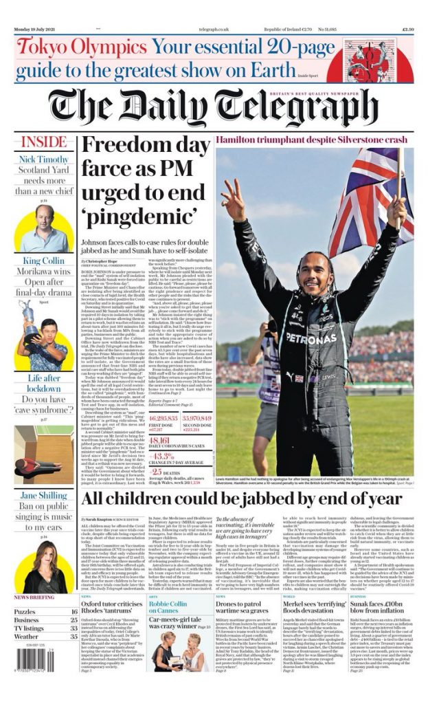 Daily Telegraph Front Page 19th of July 2021 - Tomorrow's Papers Today!